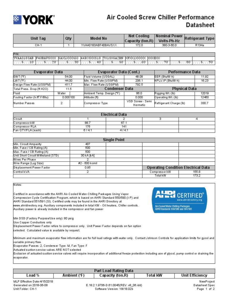 Air Cooled Screw Chiller Performance Datasheet | PDF | Machines ...