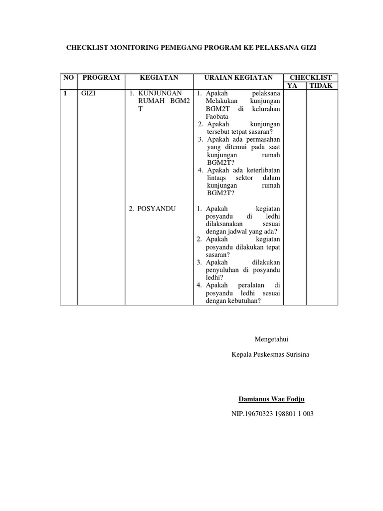 Checklist Monitoring Pemegang Program Ke Pelaksana Gizi | PDF