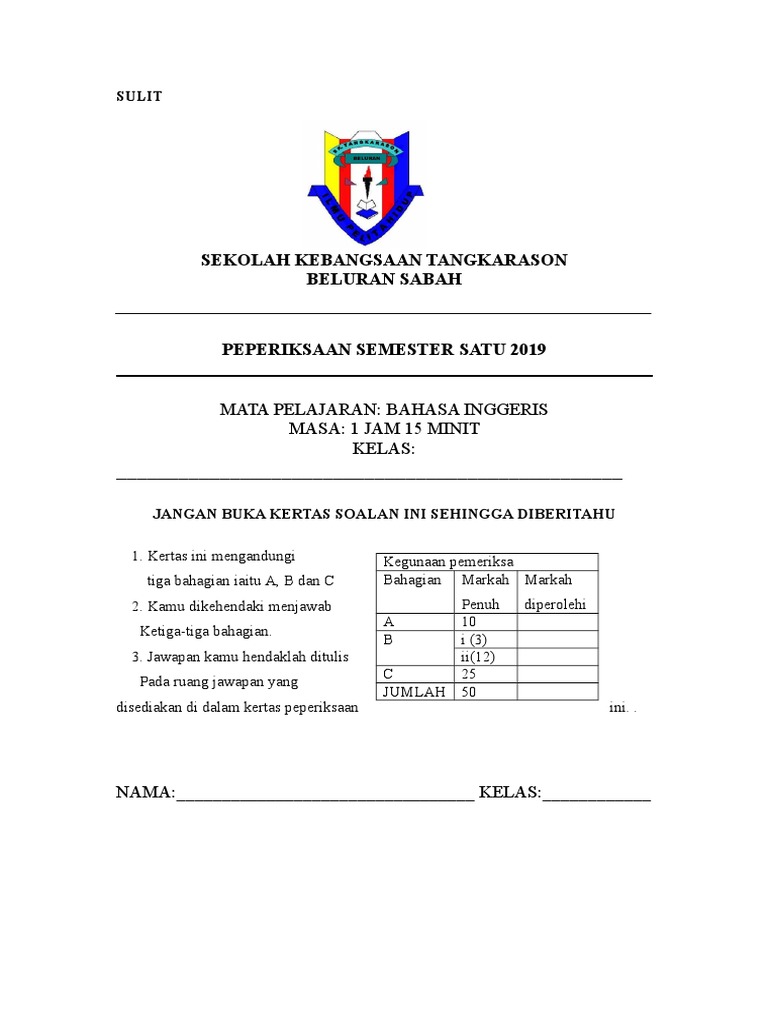 Contoh Muka Depan Peperiksaan | PDF