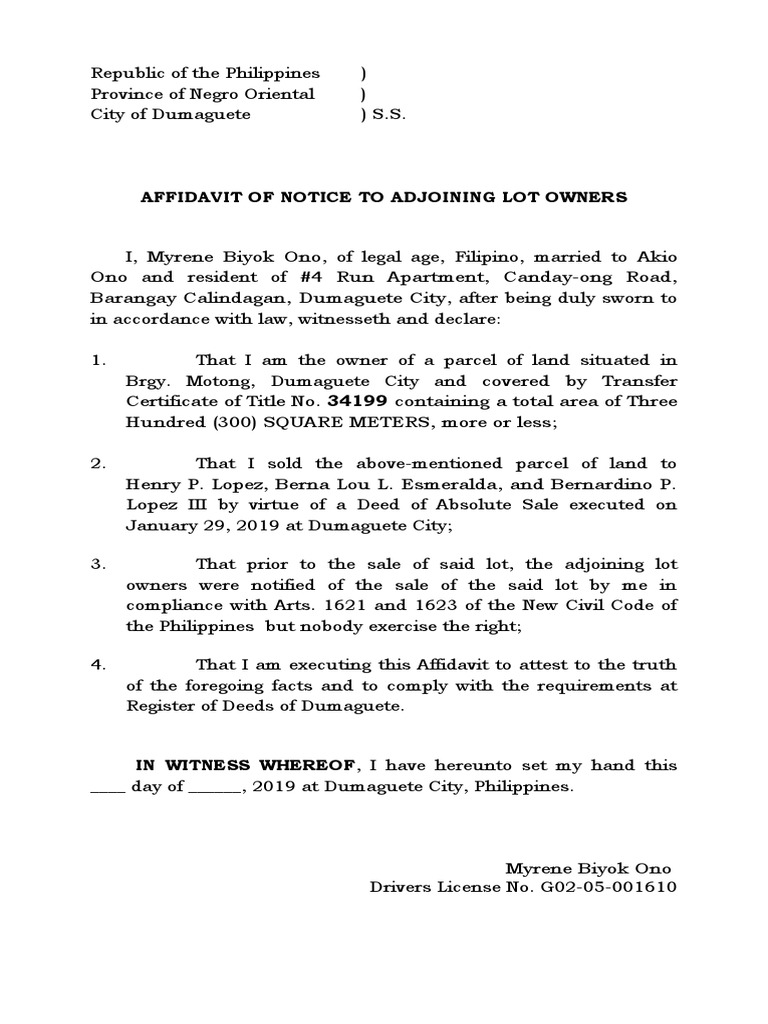 Affidavit of Notice to Adjoining Owners | PDF