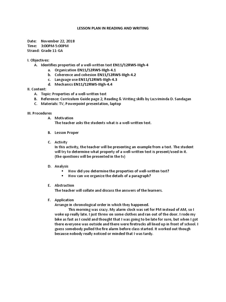 Well Written Text PDF Lesson Plan Teaching