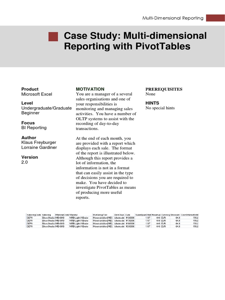Case Study: Multi-Dimensional Reporting With Pivottables: Product ...
