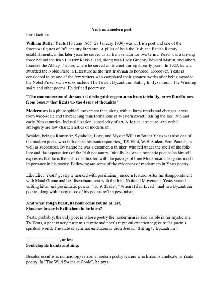 Yeats As A Modern Poet | PDF | W. B. Yeats | Romanticism