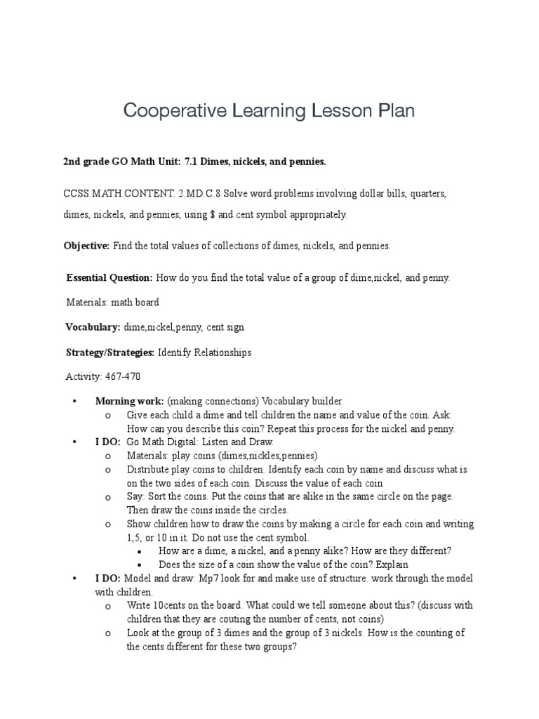 Edu 220 Cooperative Lesson Plan | PDF | Nickel (United States Coin) | Coins