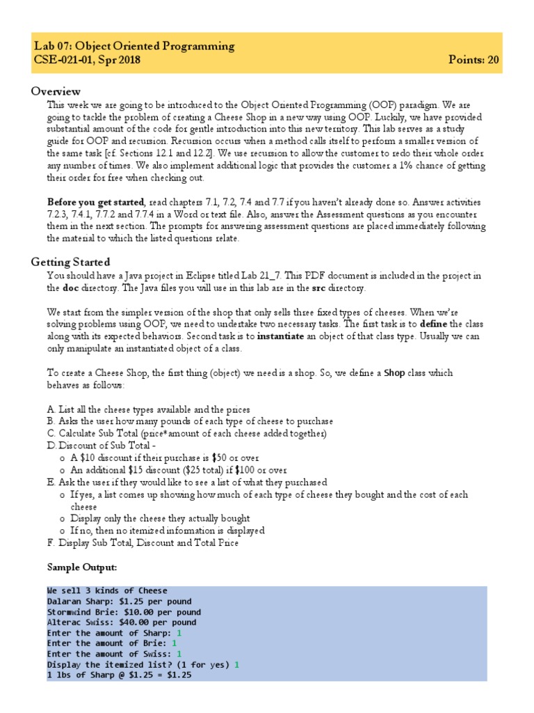 Lab 07: Object Oriented Programming CSE-021-01, SPR 2018 Points: 20 | PDF | Constructor (Object ...