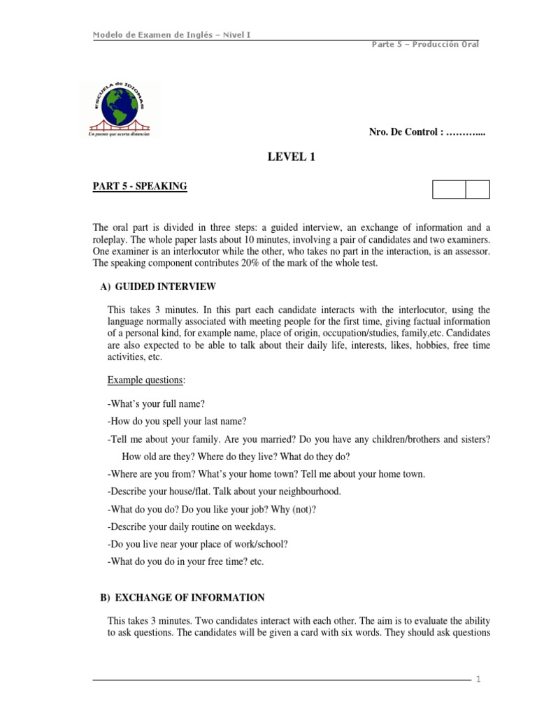 English Language Oral Exam - Level 1 | PDF | Cognition