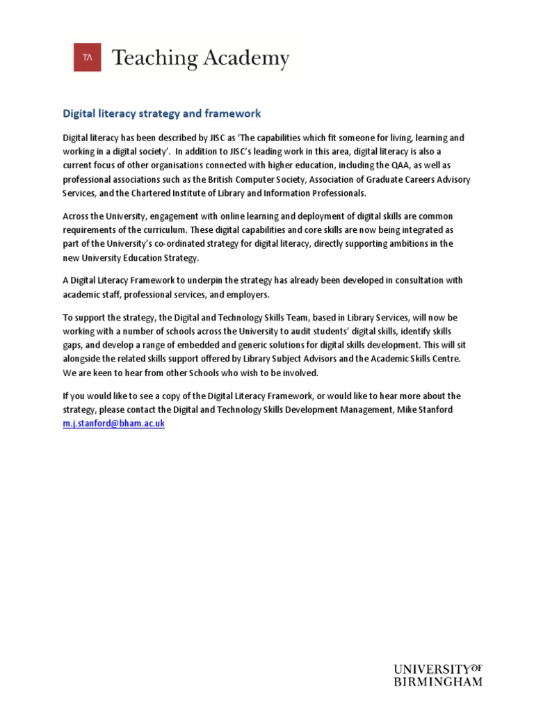 Digital Literacy Strategy and Framework: M.j.stanford@bham - Ac.uk | PDF