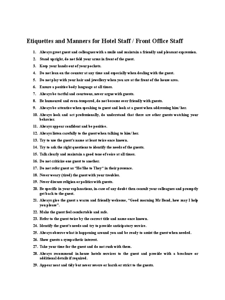 Etiquettes and Manners for Hotel Staff | Etiquette | Body Language