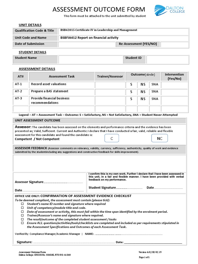 Assessment Outcome Form: Unit Details | Behavior Modification | Learning