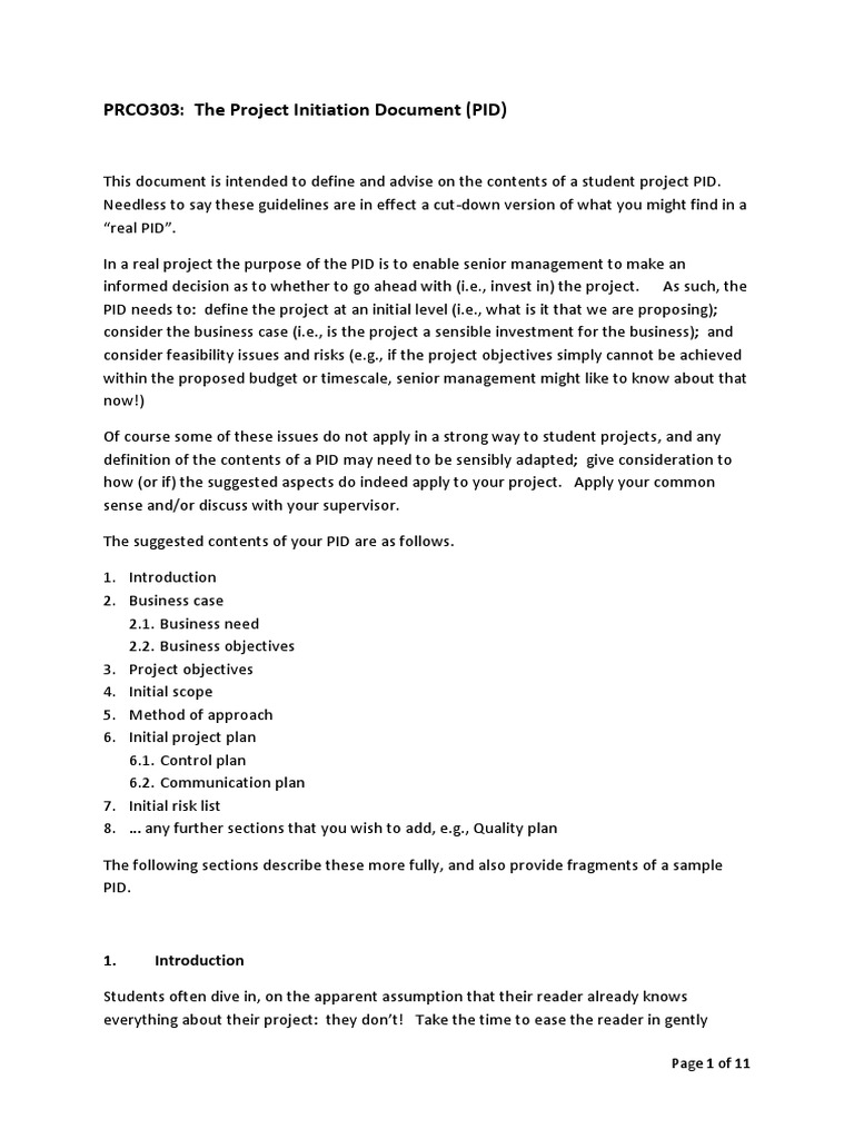 PRCO303: The Project Initiation Document (PID) : Page 1 of 11 | PDF ...