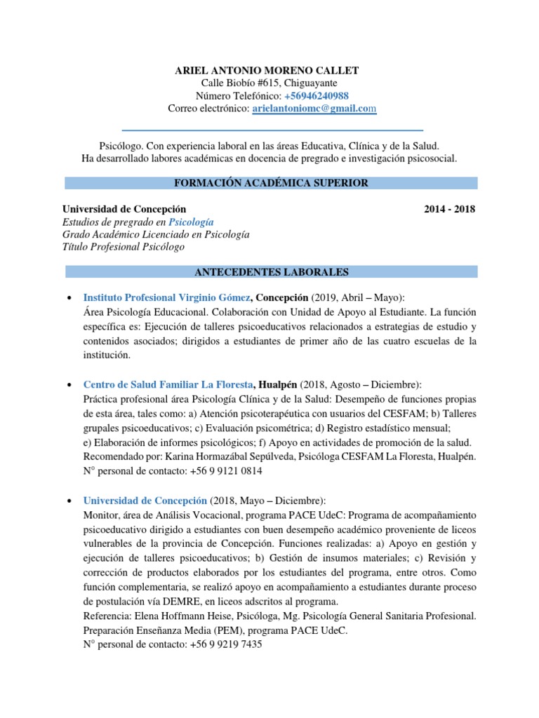 CV Ariel Moreno Callet | Descargar gratis PDF | Psicología Educacional ...