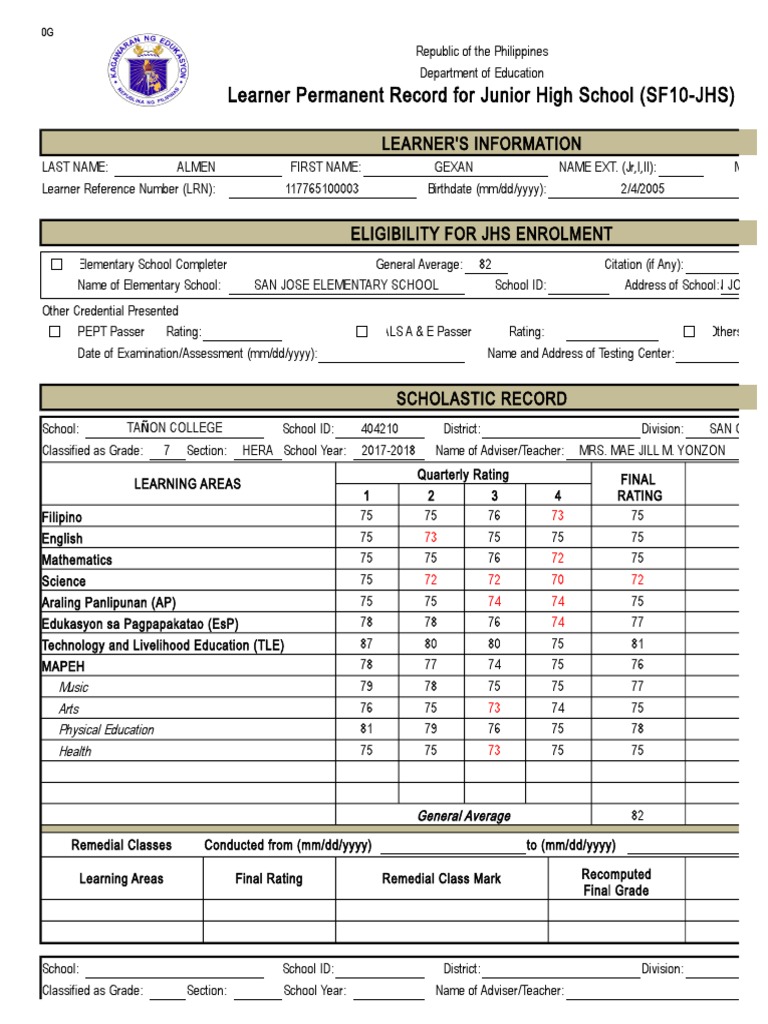 Learner Permanent Record For Junior High School (SF10-JHS) | PDF | Psychotherapy | Change