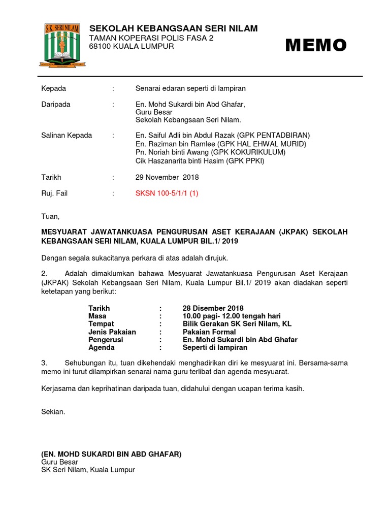 Contoh Memo Mesyuarat JKPAK 2019 | PDF