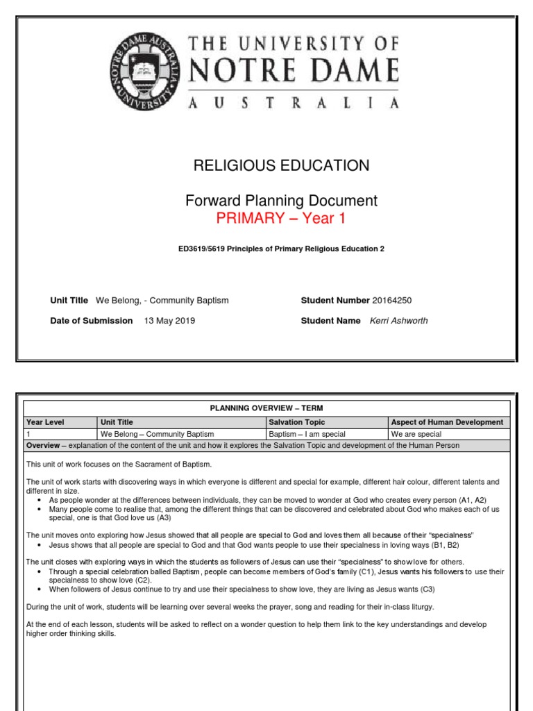 Religious Education Forward Planning Document: Primary - Year 1 | PDF | Sacraments | Baptism