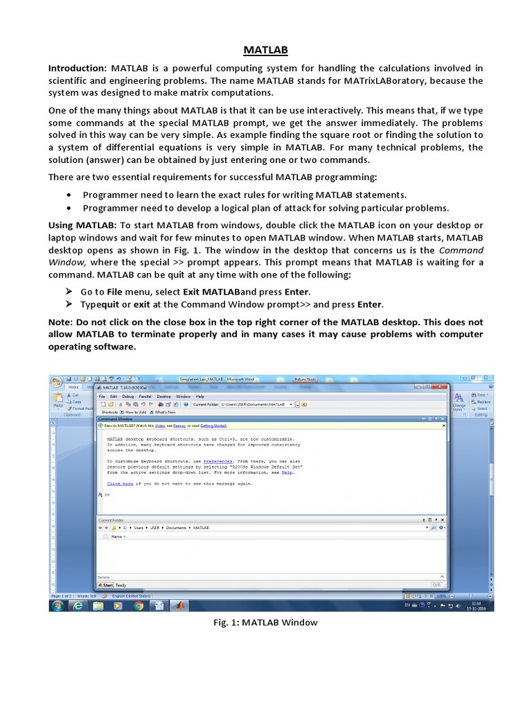 Matlab: Window, Where The Special Prompt Appears. This Prompt Means ...