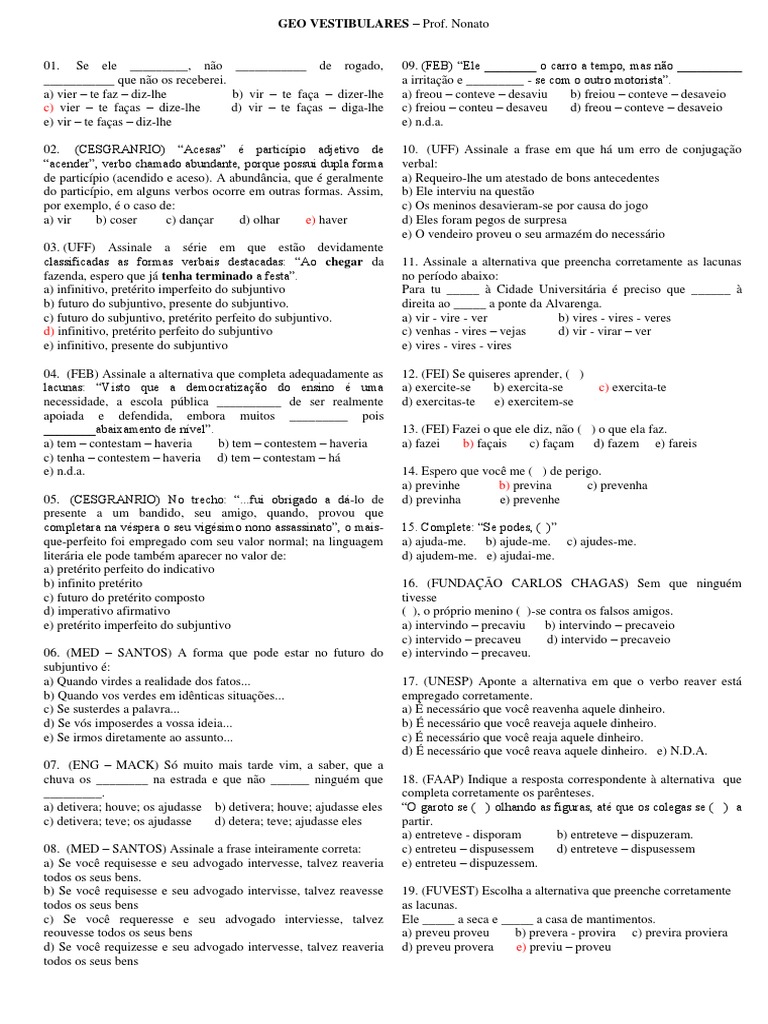 Verbos (Exercícios) | PDF | Morfologia | Conjugação gramática
