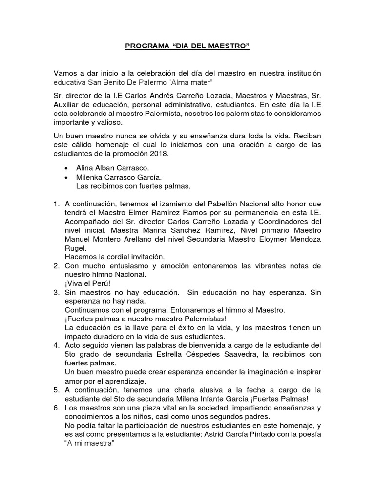 Programa Dia Del Maestro | Descargar gratis PDF | Modificación de comportamiento | Educación ...