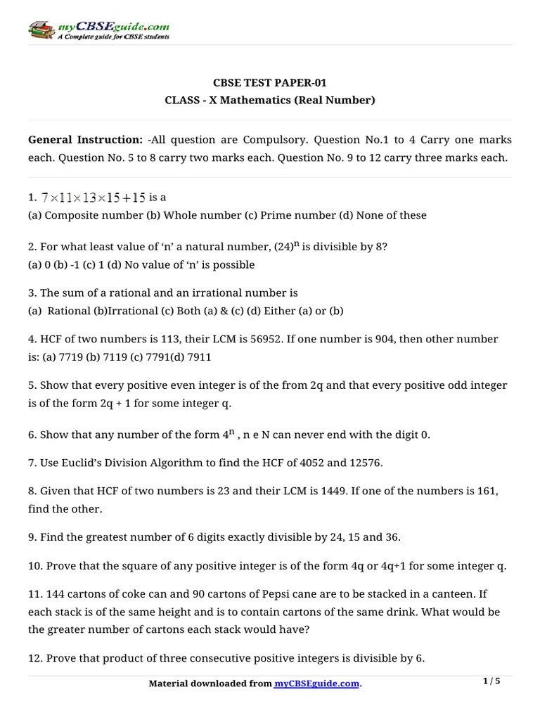 10 Maths Test Paper Ch1 1 | PDF | Numbers | Rational Number