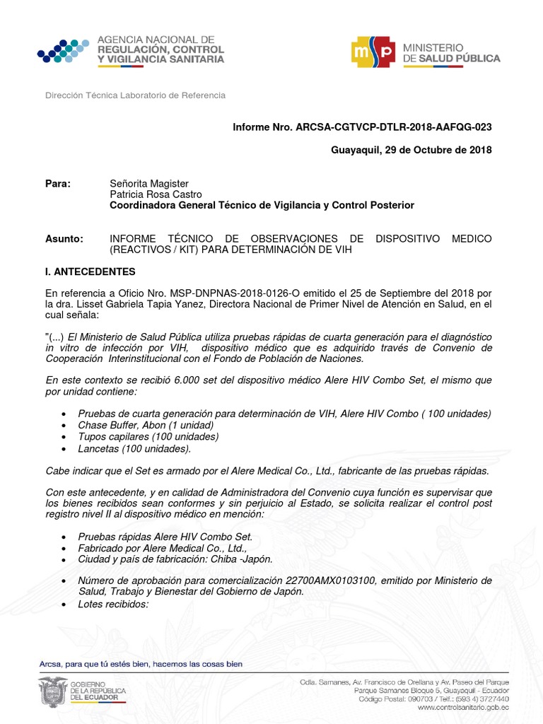 Informe Técnico Kits de Vih SD Nro. Arcsa-cgtvcp-dtlr-2018-Aafqg-023 | PDF | VIH | Calidad ...