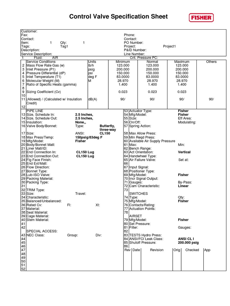 Control Valve Specification Sheet | Download Free PDF | Valve | Gases