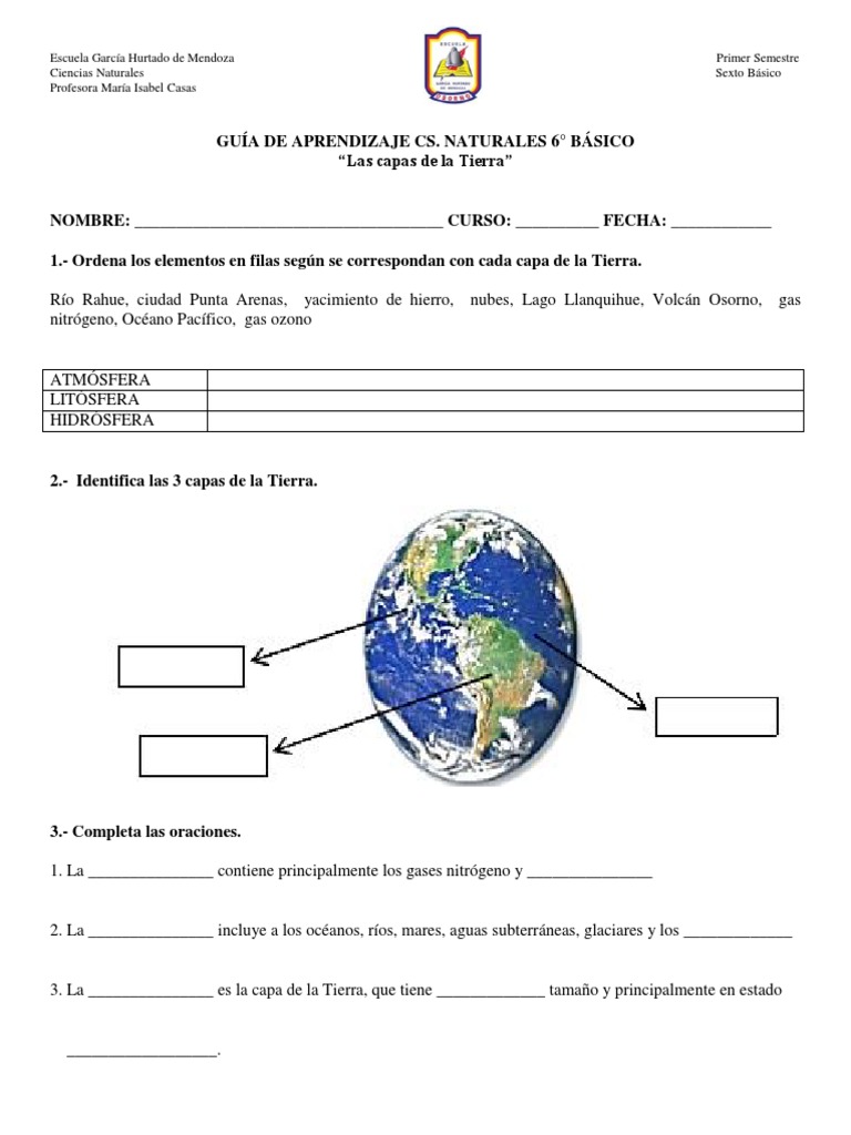 Guía de las Capas de la Tierra 6° Básico | PDF | Tierra | Atmósfera
