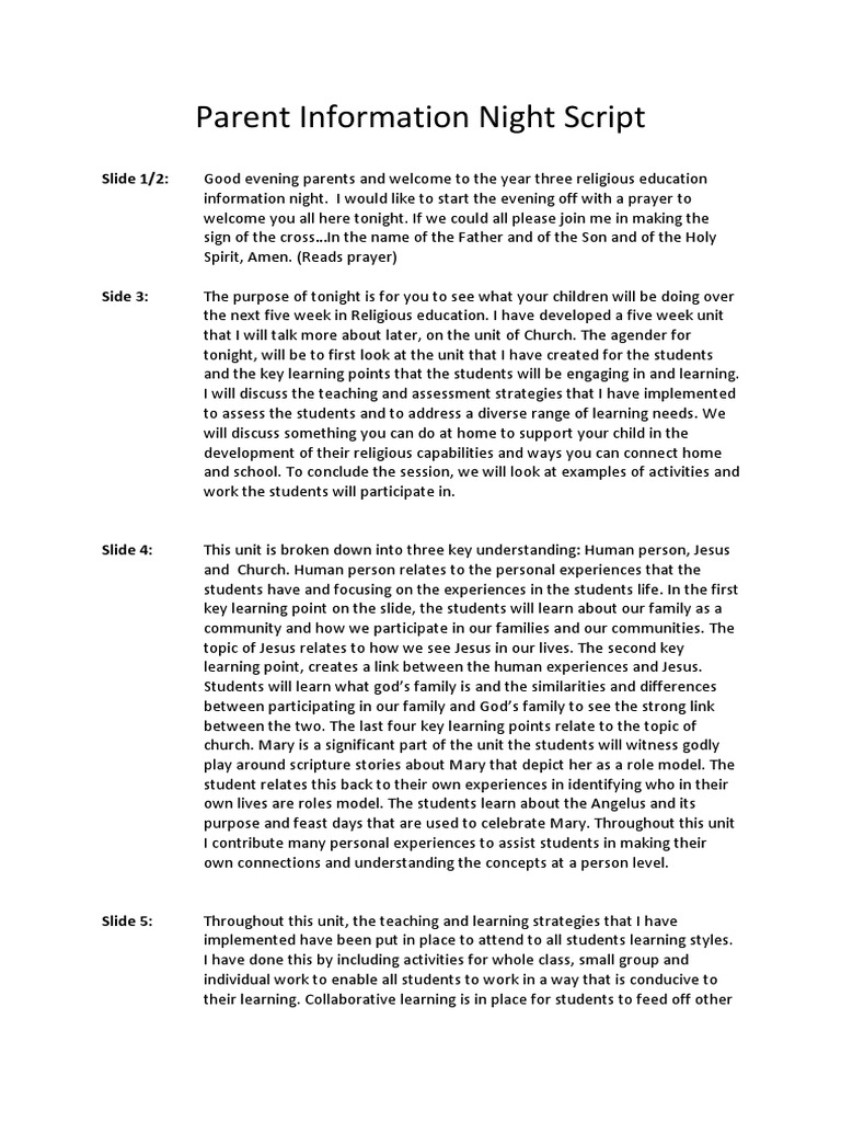 Parent Information Night Script | PDF | Educational Technology | Learning