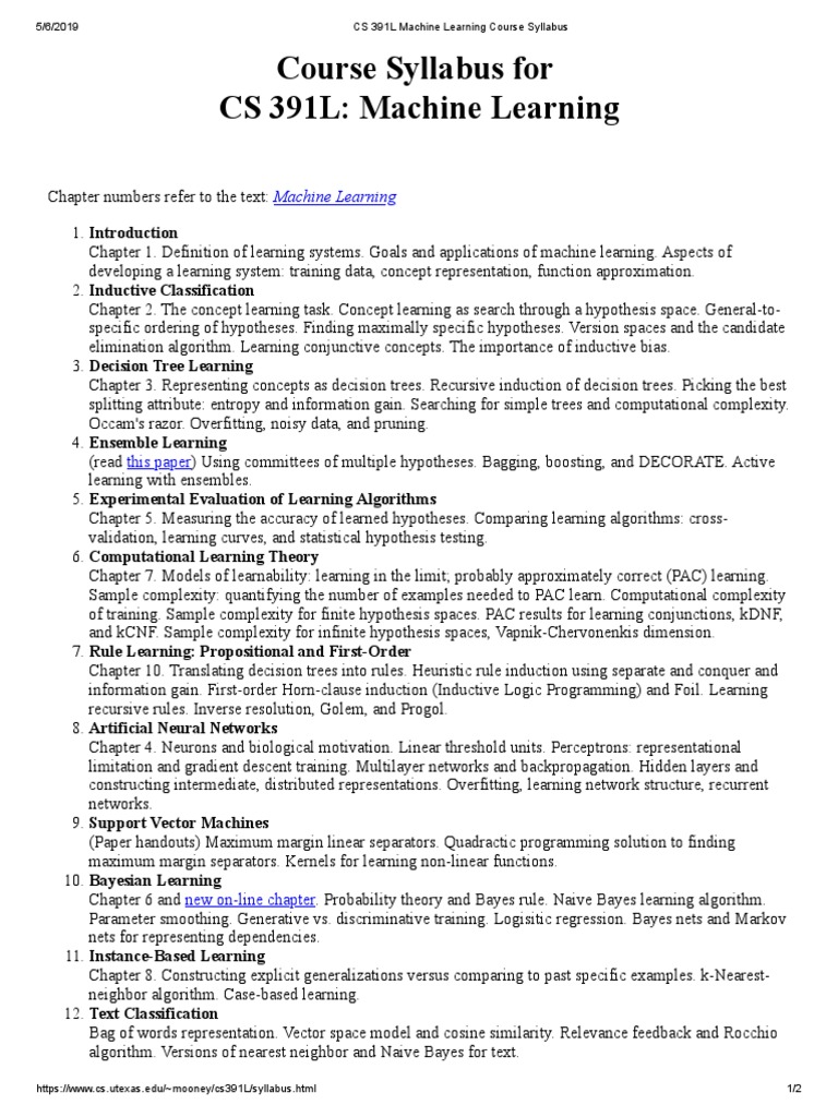 CS 391L Machine Learning Course Syllabus | PDF | Machine Learning | Artificial Neural Network