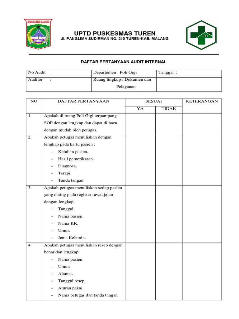 Instrumen Audit Internal Puskesmas Turen | PDF