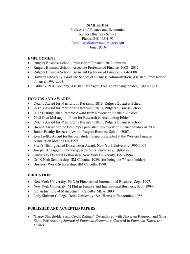 Simi Kedia: Finance Professor Profile | PDF | Valuation (Finance ...