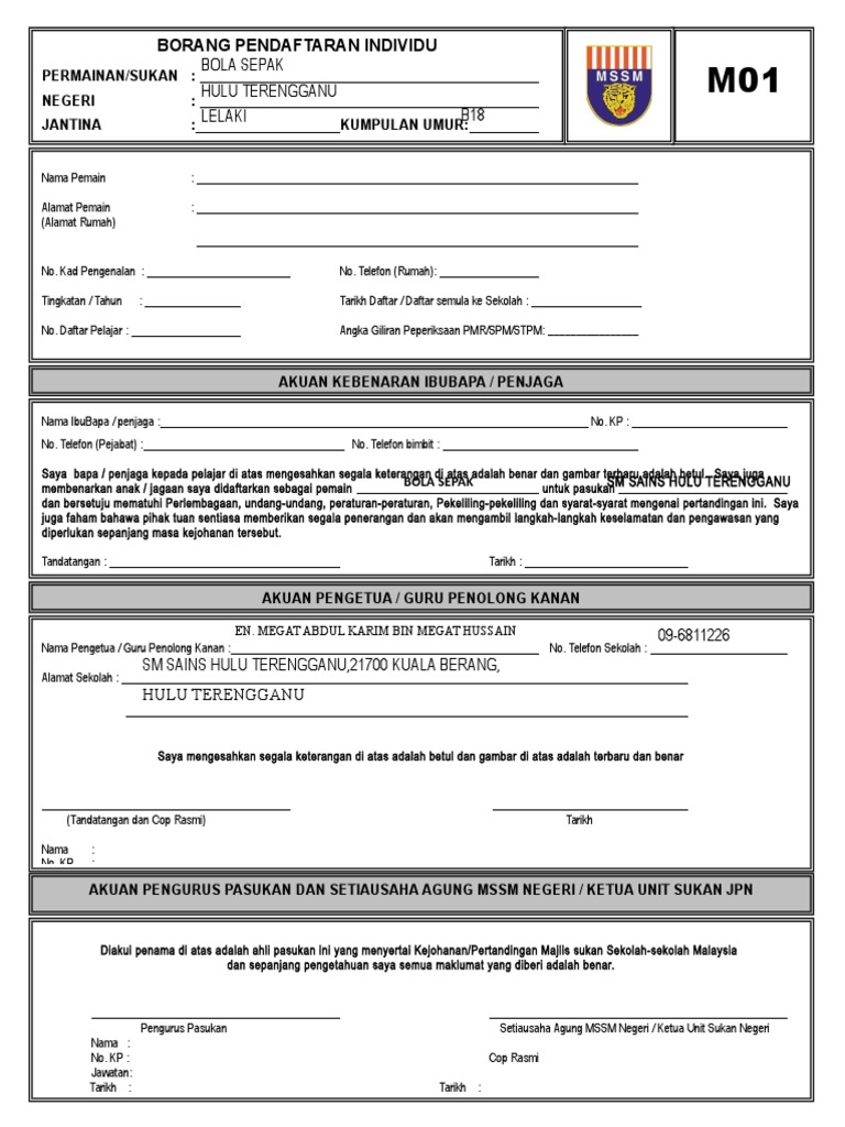 Borang Pendaftaran M01 | PDF | Olahraga & Rekreasi