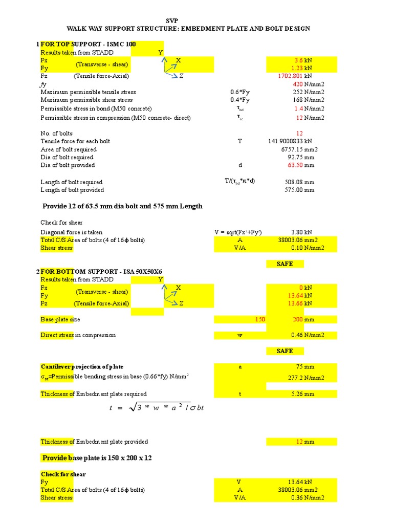 SVP Walk Way Support Structure: Embedment Plate and Bolt Design 1 For ...