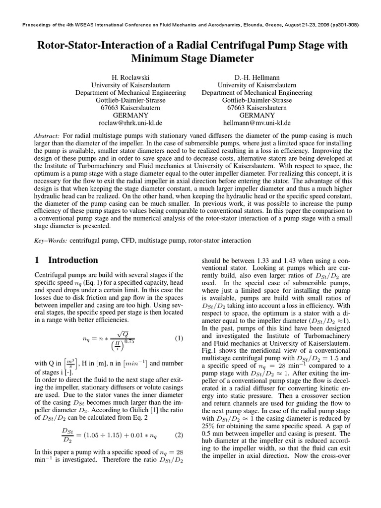 Rotor-Stator-Interaction of A Radial Centrifugal Pump Stage With Minimum Stage Diameter | PDF ...