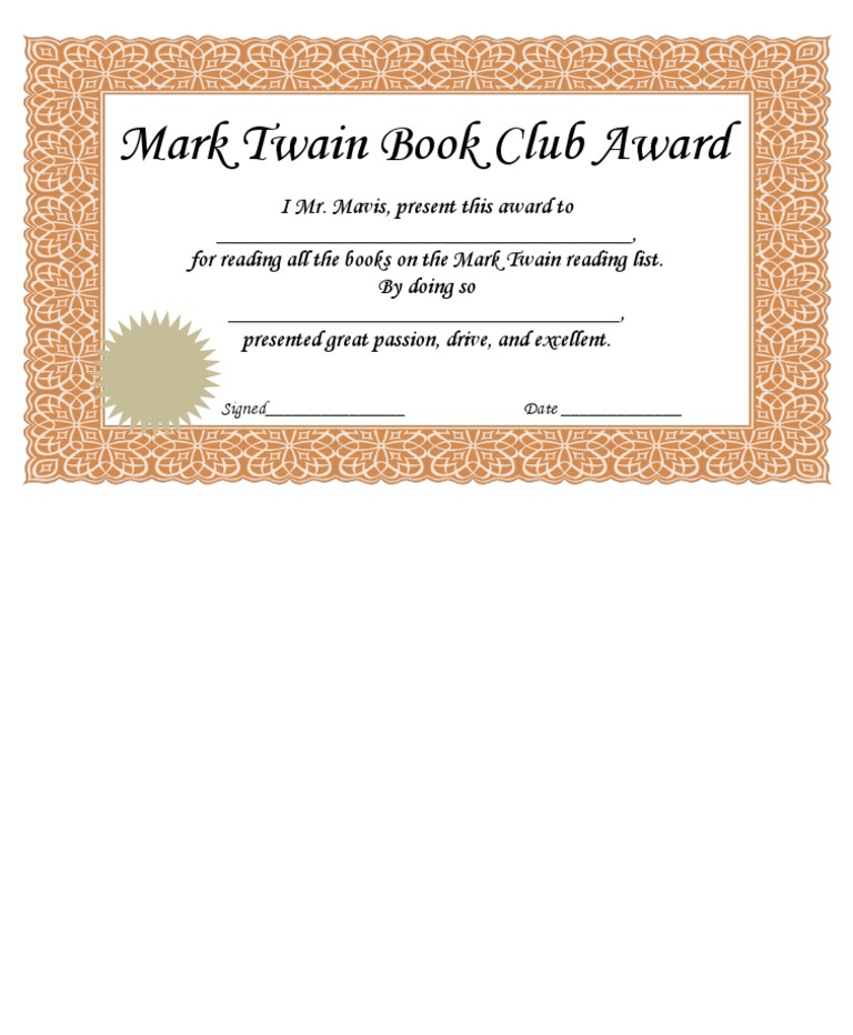Mark Twain Book Club Award: Signed - Date | PDF