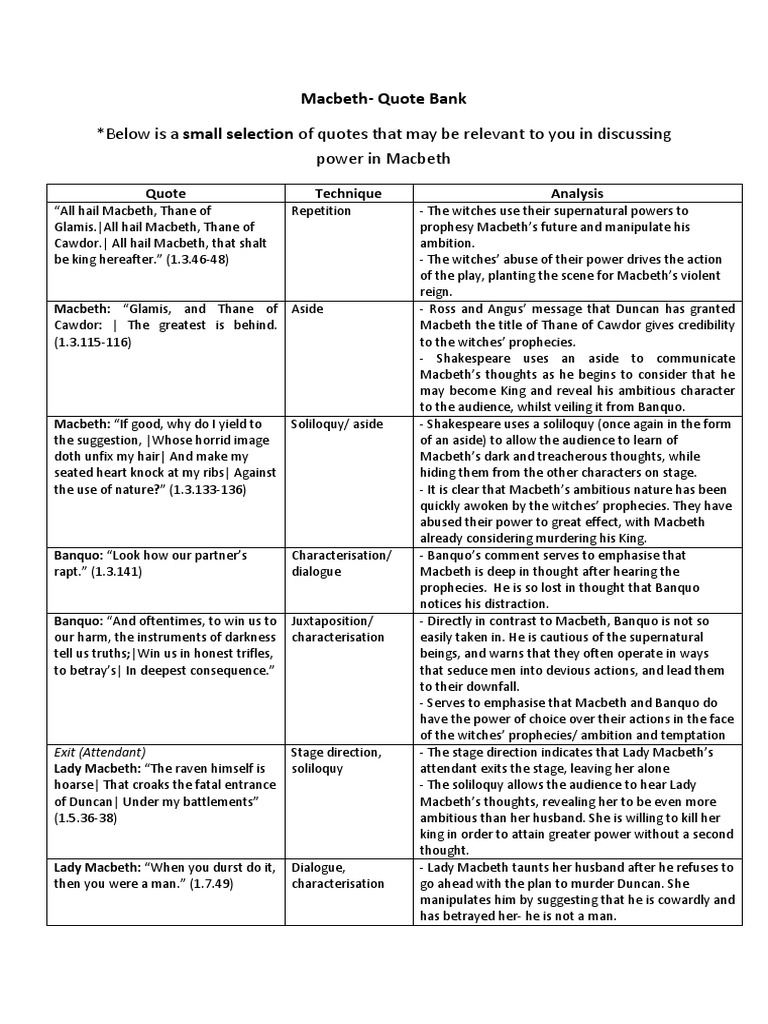Macbeth Quote Bank | PDF | Macbeth | Shakespearean Tragedies