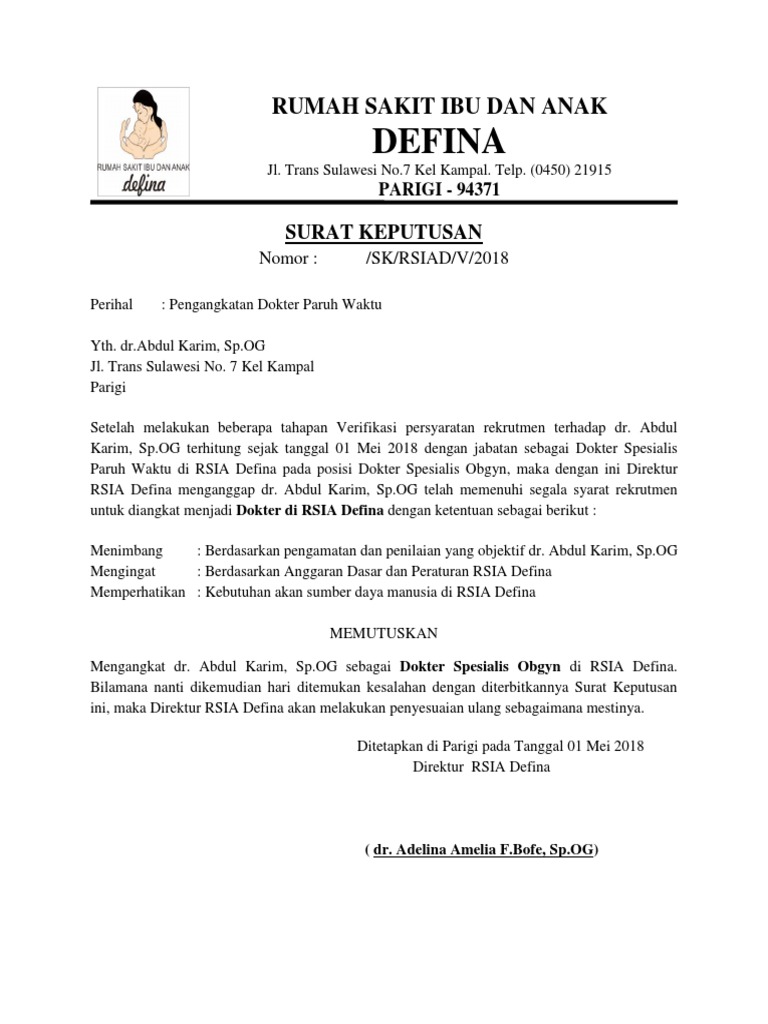 Pengangkatan Dokter Paruh Waktu di RSIA Defina | PDF | Kesehatan Holistik