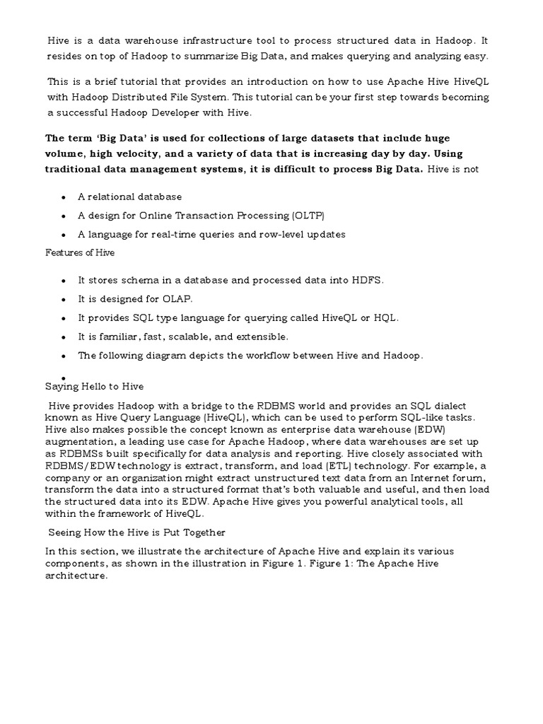 Hive Is A Data Warehouse Infrastructure Tool To Process Structured Data in Hadoop | PDF | Apache ...