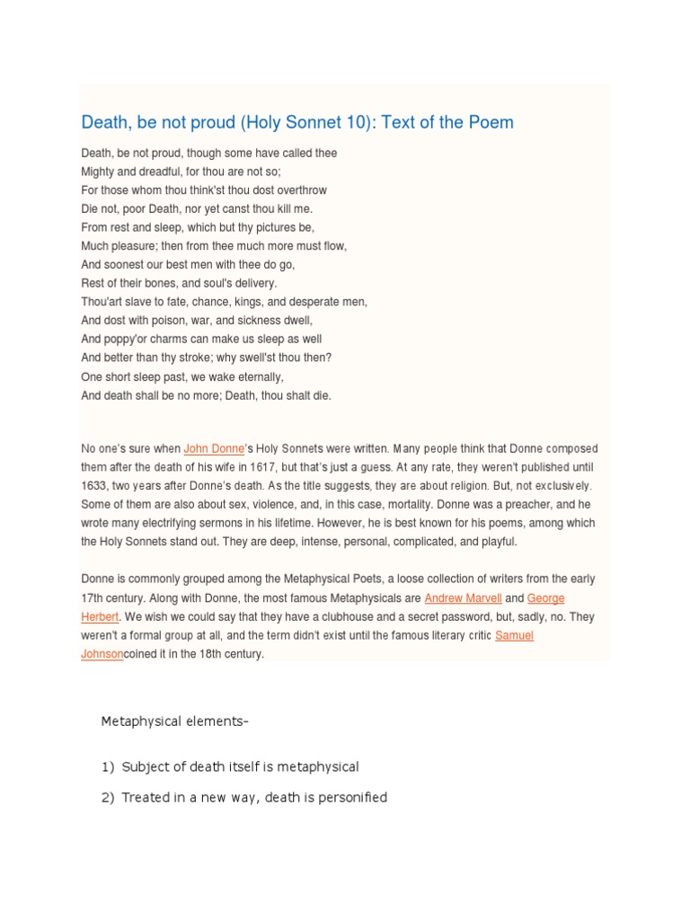 Death, Be Not Proud (Holy Sonnet 10) : Text of The Poem: John Donne | PDF