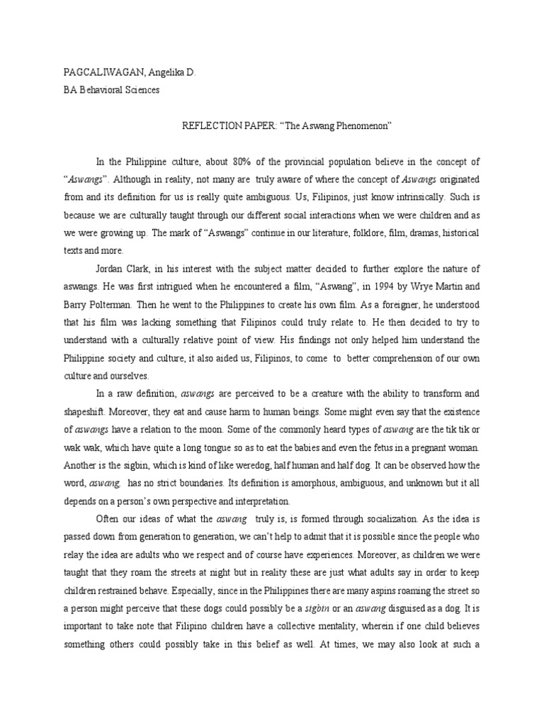 The Aswang Phenomenon Reflection Paper | PDF | Philippines | Idea