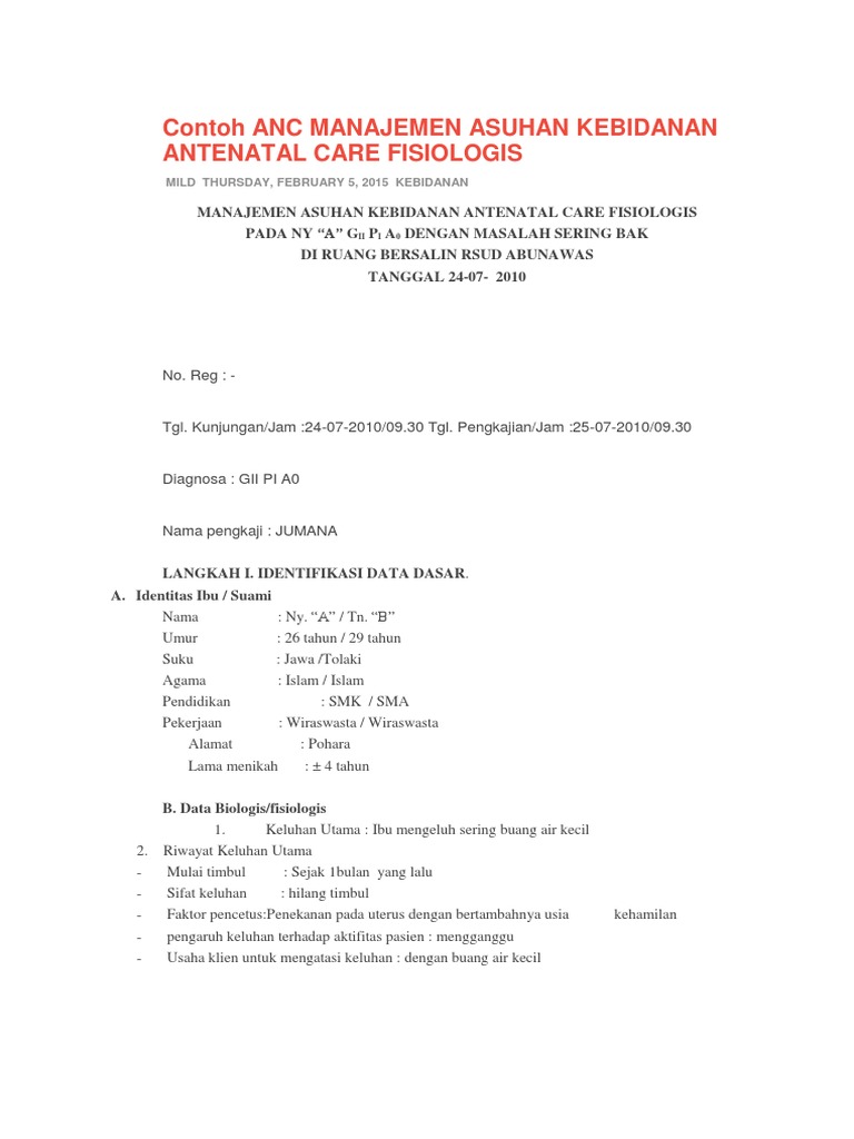 Contoh ANC MANAJEMEN ASUHAN KEBIDANAN ANTENATAL CARE FISIOLOGIS | PDF