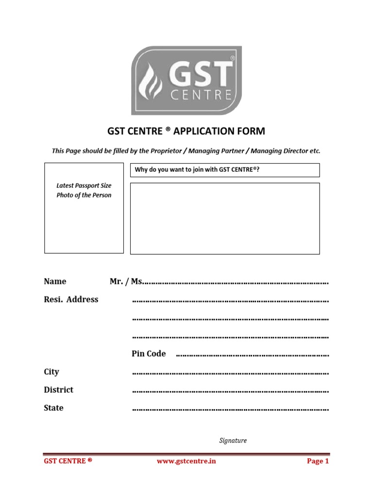 GST Centre ® Application Form: This Page Should Be Filled by The ...