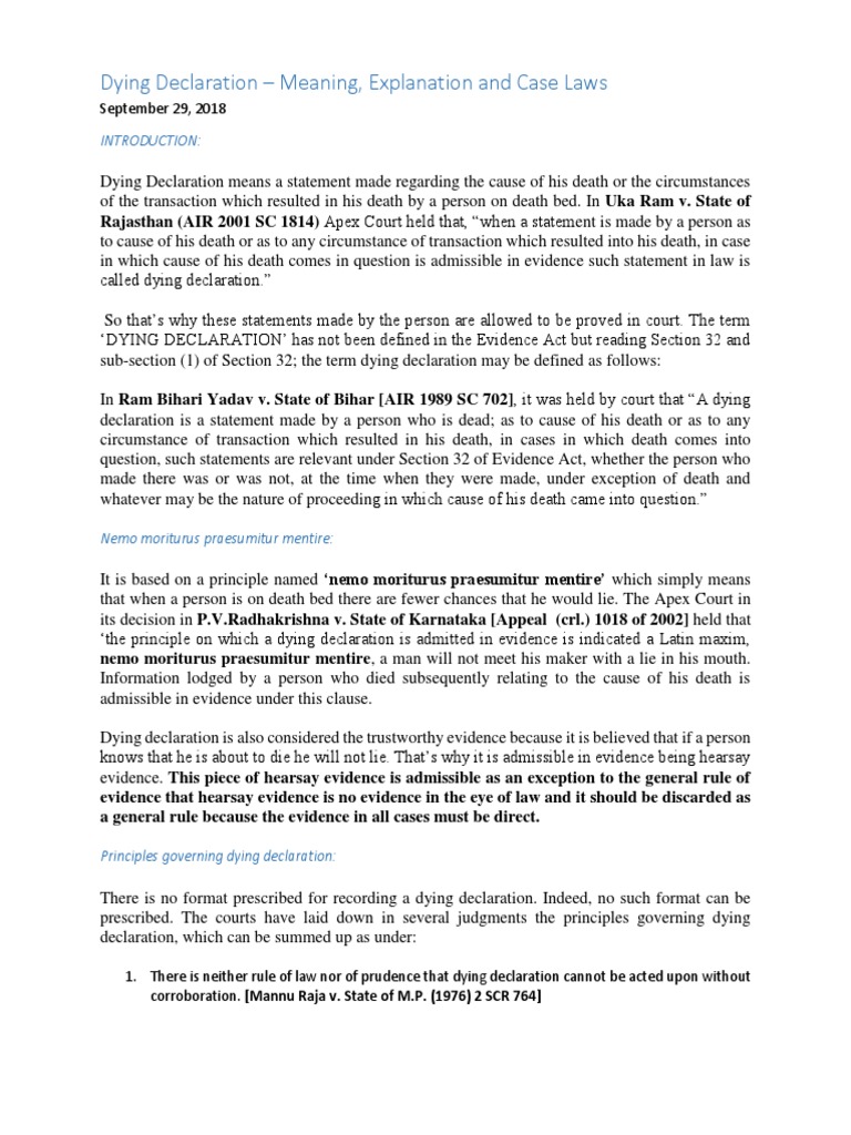 Dying Declaration Notes | PDF | Hearsay | Justice