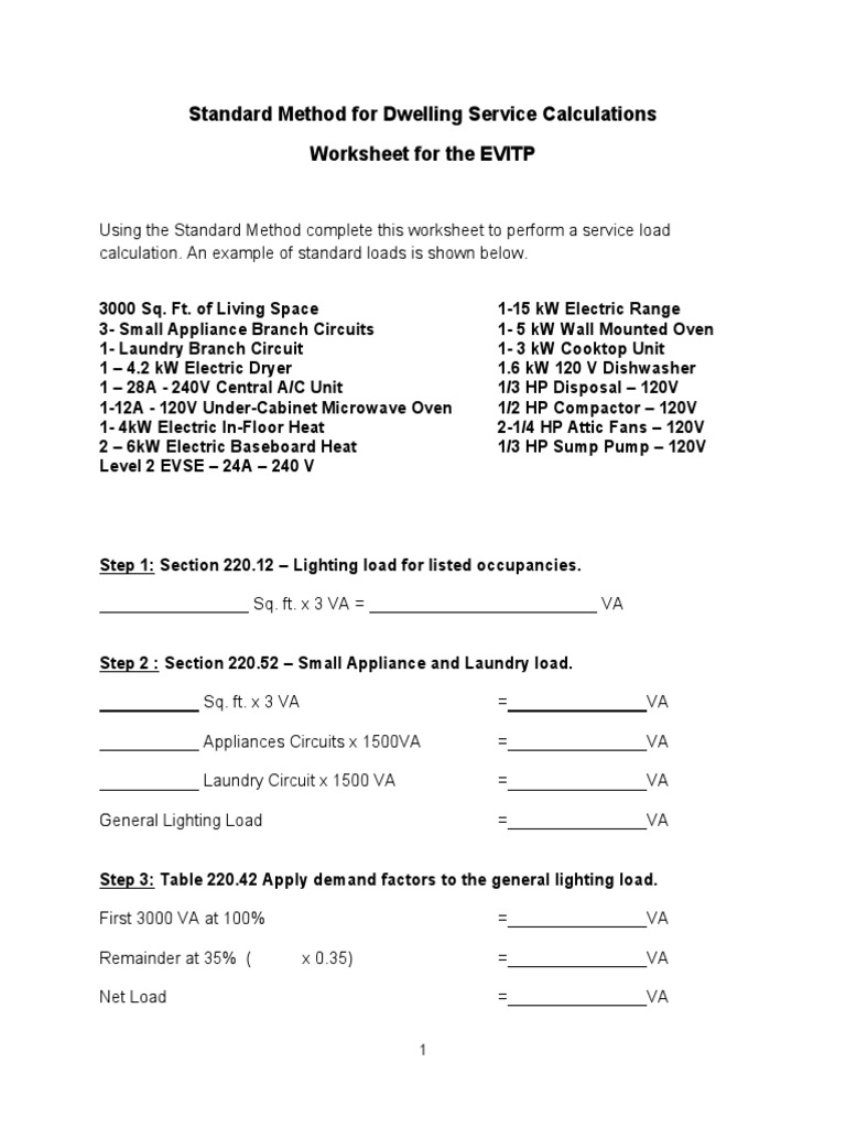 Residential Sevice Load Worksheet For Electrical Vehicle Charging ...