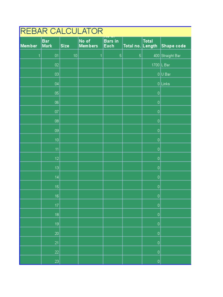 Rebar Calculator: Bar Mark No of Members No of Bars in Each Total ...