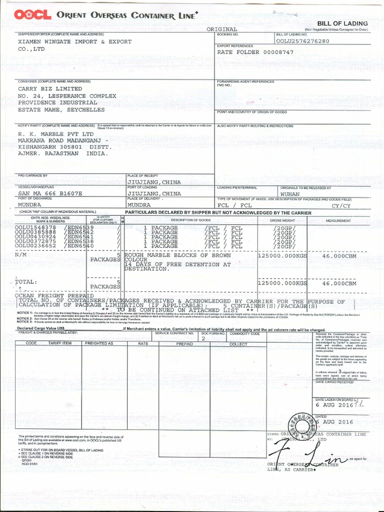 Bill of Lading Oocl