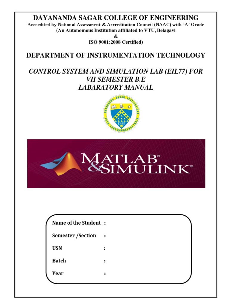 Control System and Simulation Lab (Eil77) For Vii Semester B.E ...