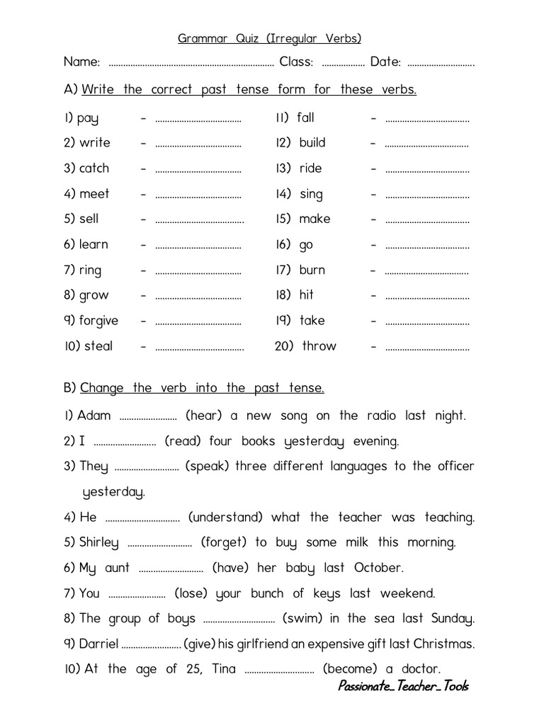 Irregular Verbs Quiz Pdf Syntax Language Mechanics