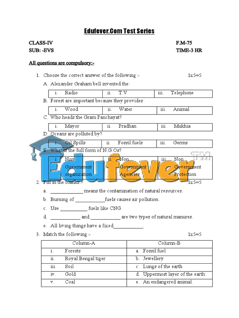Class IV EVS Sample Paper | PDF | Fuels | Fossil Fuels