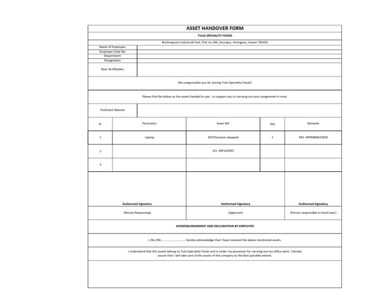 Asset Handover Form for Employees | PDF