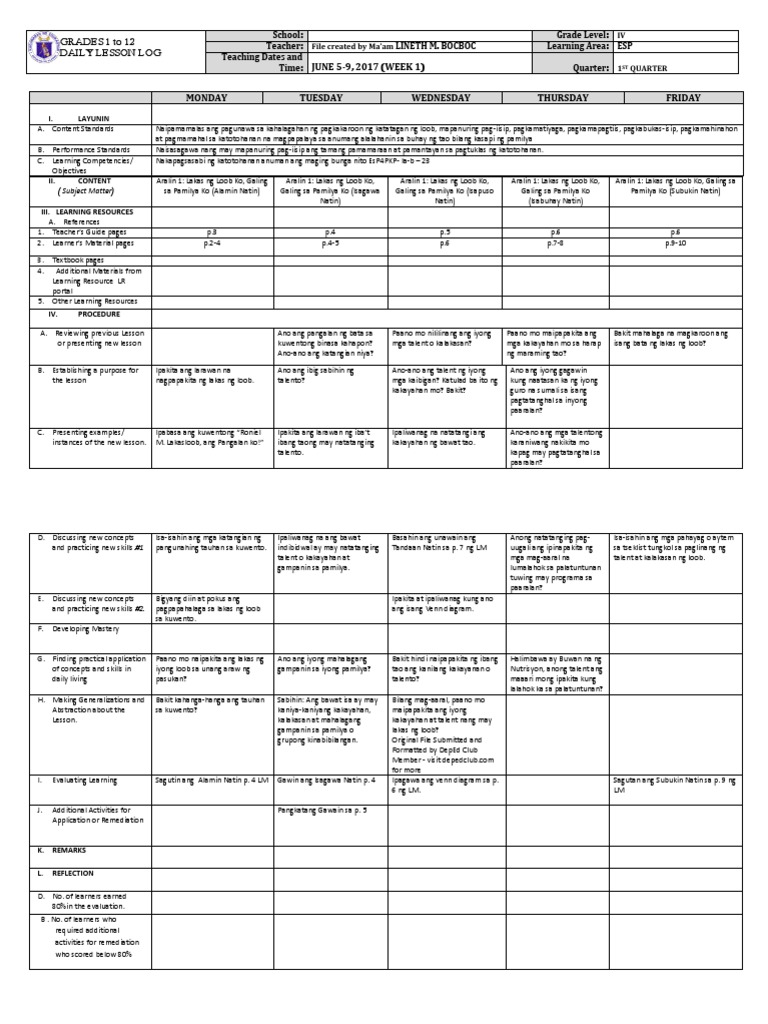 Grade 4 DLL EsP 4 Q1 Week 1 | PDF