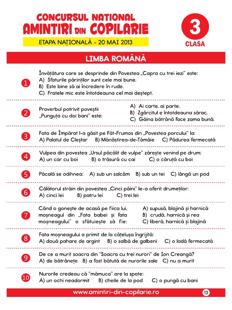 Amintiri Din Copilarie - 2012-2013 - Etapa 3 - Clasa 3 PDF | PDF